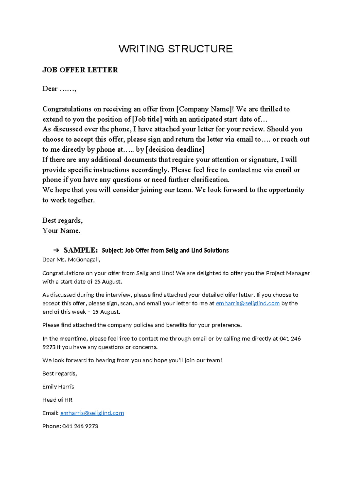 TACN - Writing Structure: Job Offer Letter & Inquiry Template - Studocu