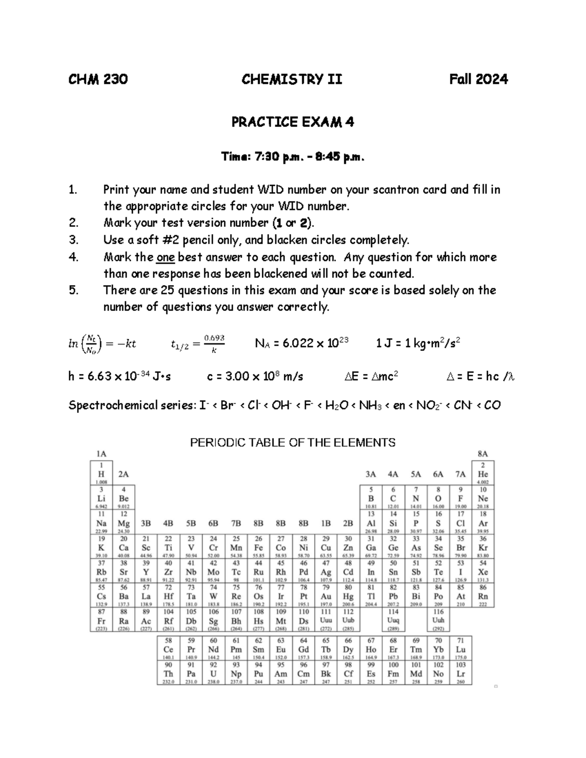 CHM 230 CHEMISTRY II Fall 2024 PRACTICE EXAM 4 Guide - Studocu