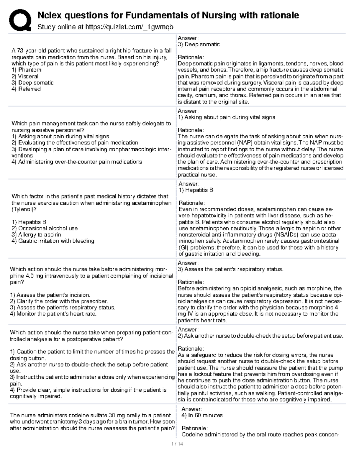 NUR 101 Final Exam Quizlet - Pain Management and Patient Care - Studocu