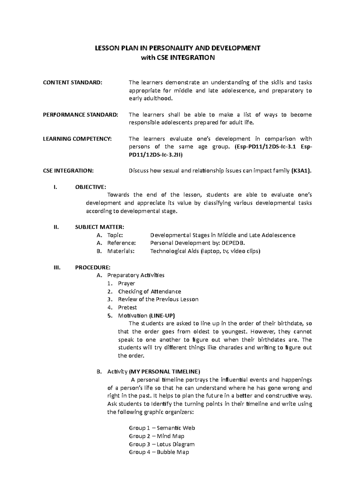 Luna NHS Delima - Lesson Plan on Personality Dev. (Esp-PD11/12DS) - Studocu