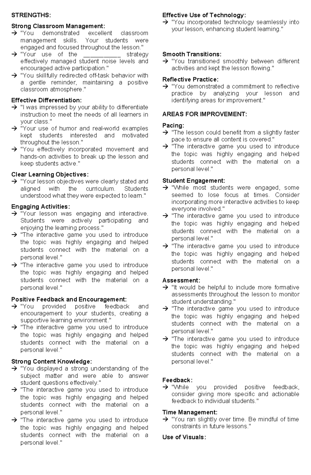 Comments to give to observation - STRENGTHS: Strong Classroom ...