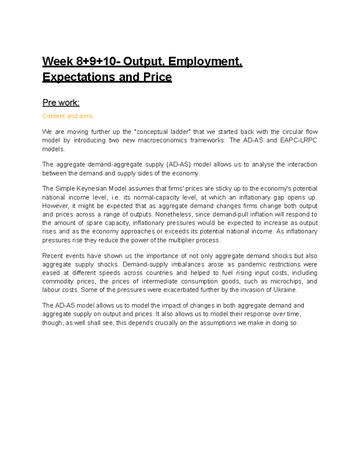 Week 8-10: AD-AS Model and Economic Expectations - Studocu