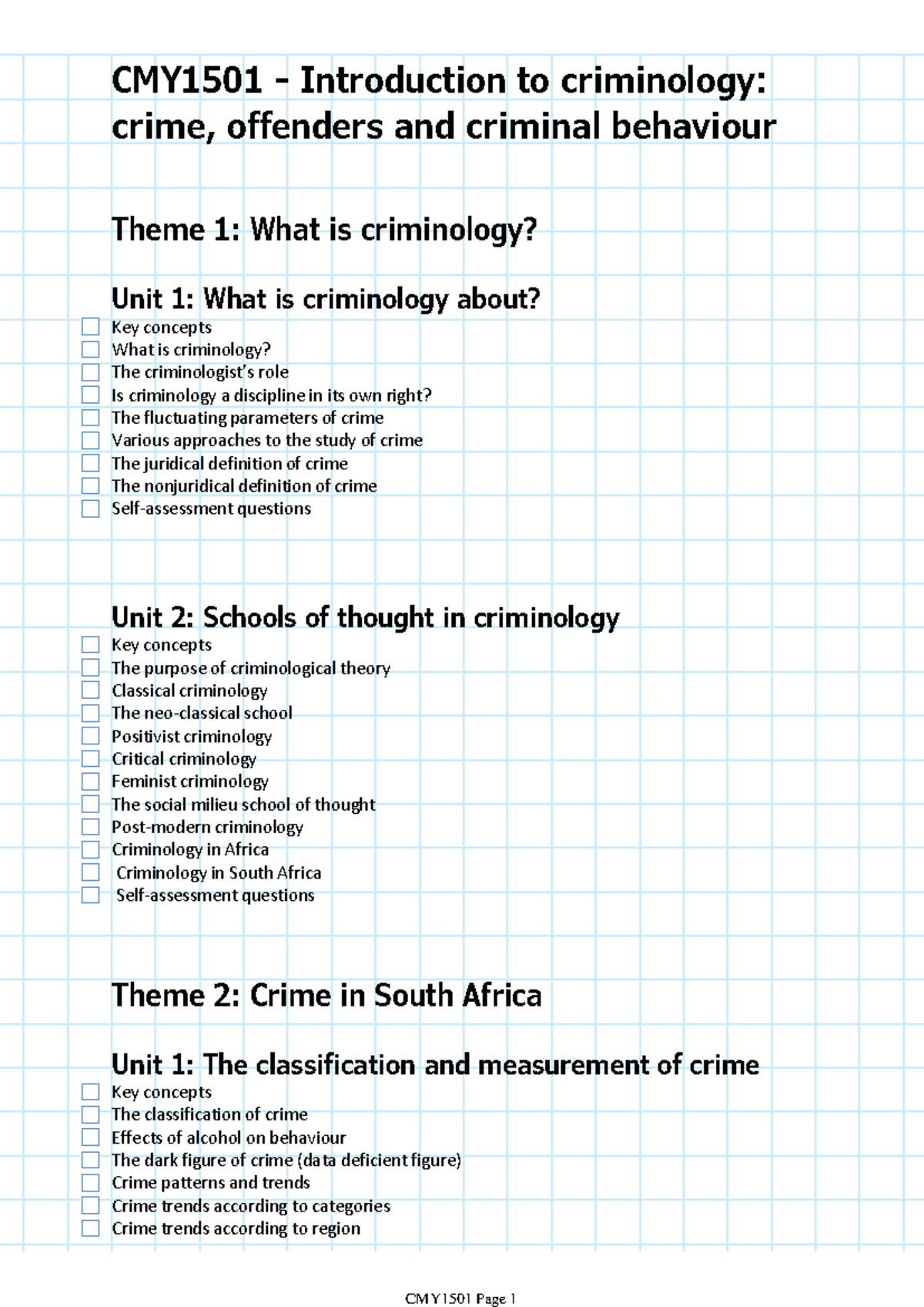 CMY1501 - Intro to Criminology: Crime, Offenders & Behavior Outline ...