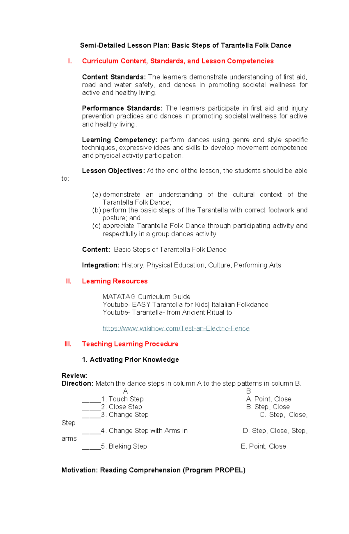 Semi- Detailed Lesson Plan in MAPEH 7( TARANTELLA) - Semi-Detailed ...