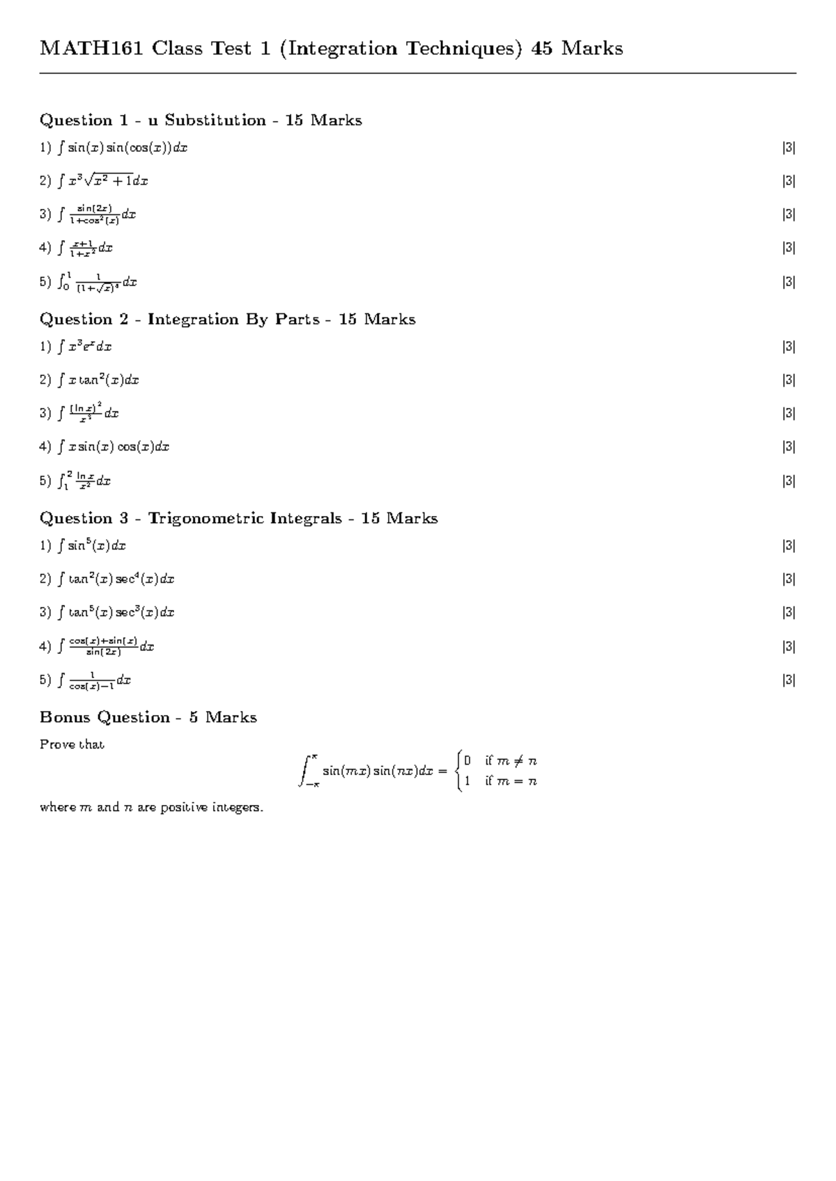 MATH161 Class Test 1: Integration Techniques & Problems (45 Marks ...