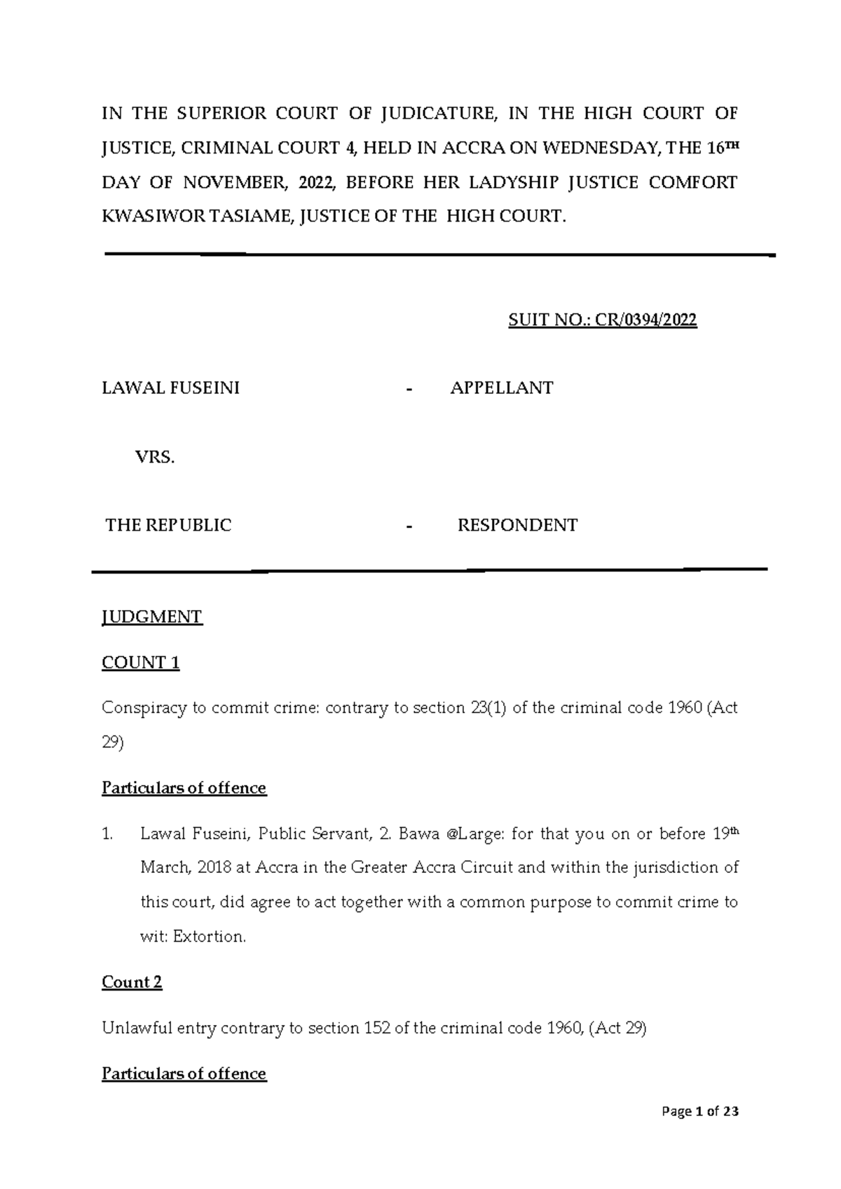 Case Study: Fuseini vs. Republic - Judgment Analysis (Suit No. 2022) - Studocu