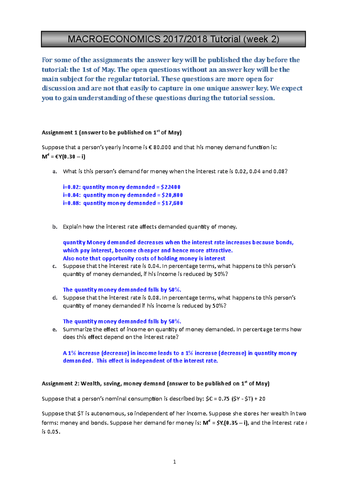 MACROECONOMICS 2017/2018 Tutorial Week 2: Key Concepts and Assignments ...