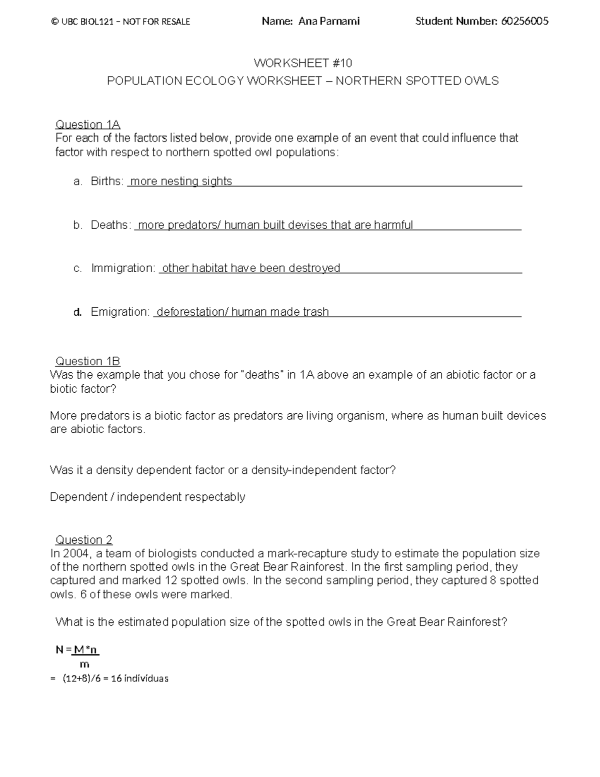 UBC BIOL121 Worksheet #10: Population Ecology - Spotted Owls - Studocu