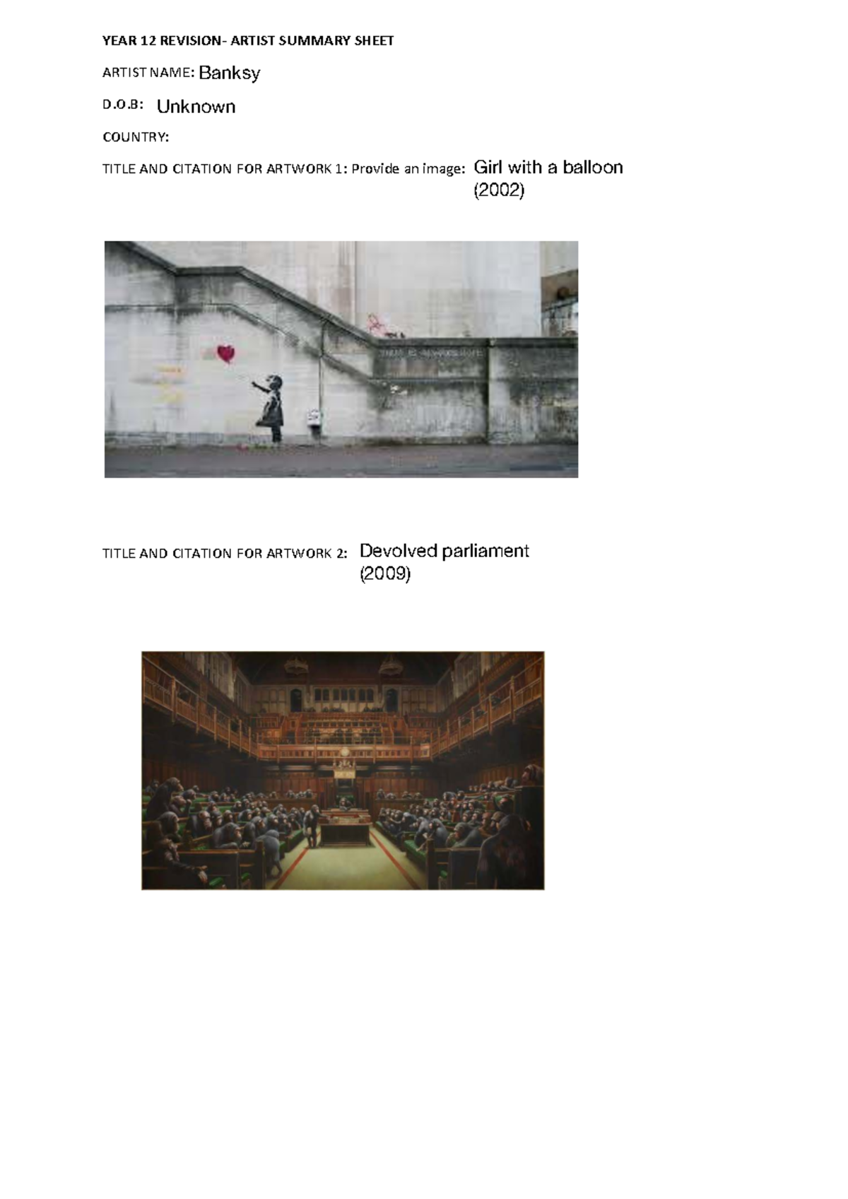 YEAR 12 ART STUDY: Banksy - Artist Analysis & Artwork Insights - Studocu