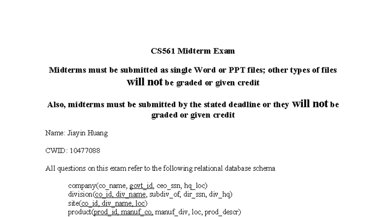 CS561 2023S Midterm Exam: Relational Database Schema Analysis - Studocu