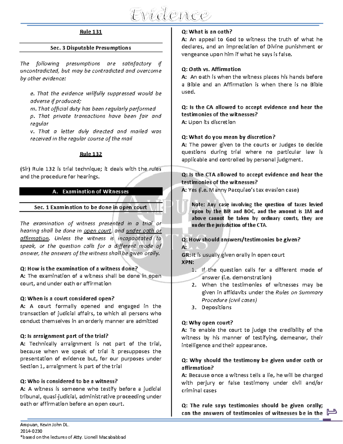 Ampuan Notes Rule 131 132 - Ampuan, Kevin John DL. 2014- Rule 131 Sec ...