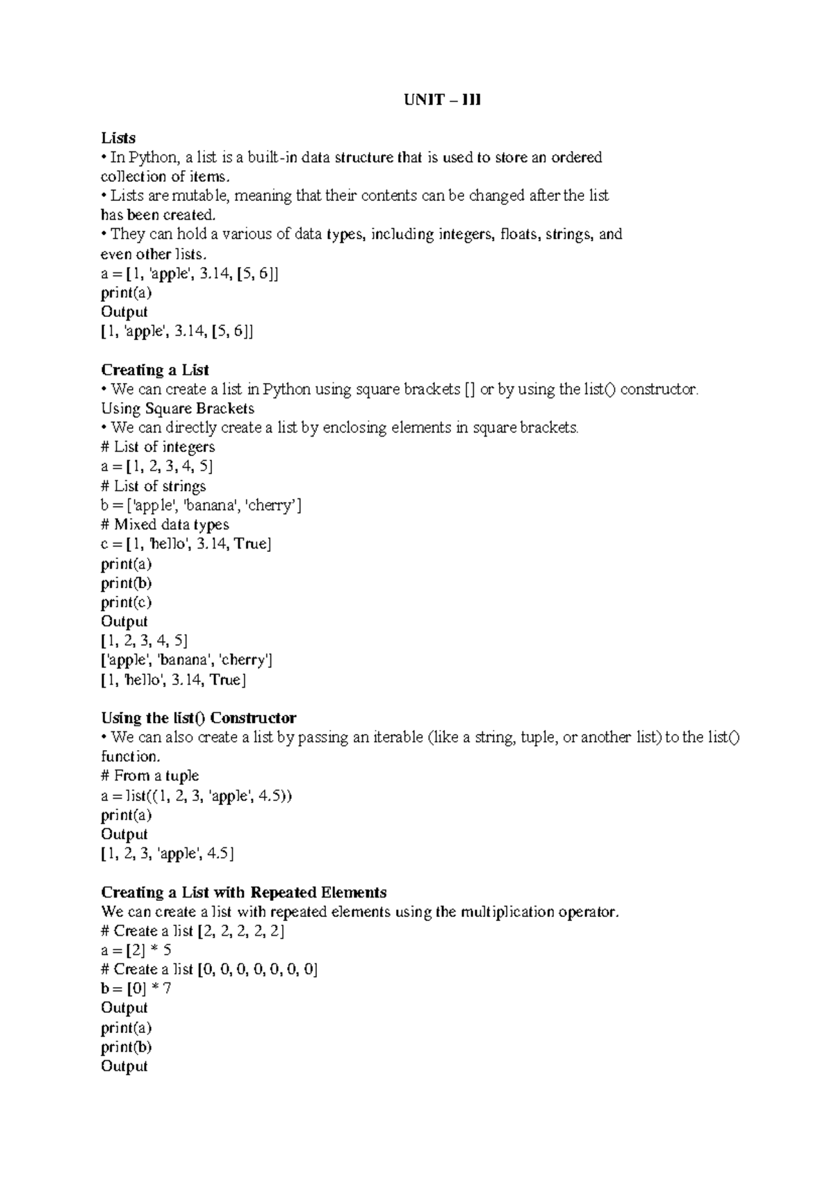 Python Unit 3: Lists, Tuples, and Dictionaries Overview - Studocu