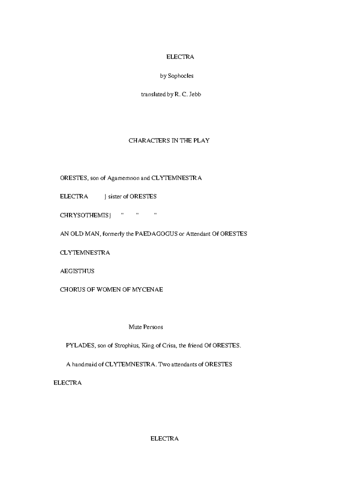 ELECTRA: Characters and Themes in Sophocles' Orestes (ENG 101) - Studocu