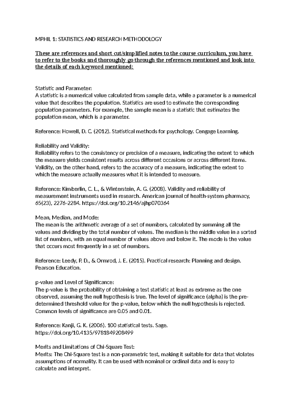 MPHIL 1: Statistics and Research Methodology Notes and References - Studocu