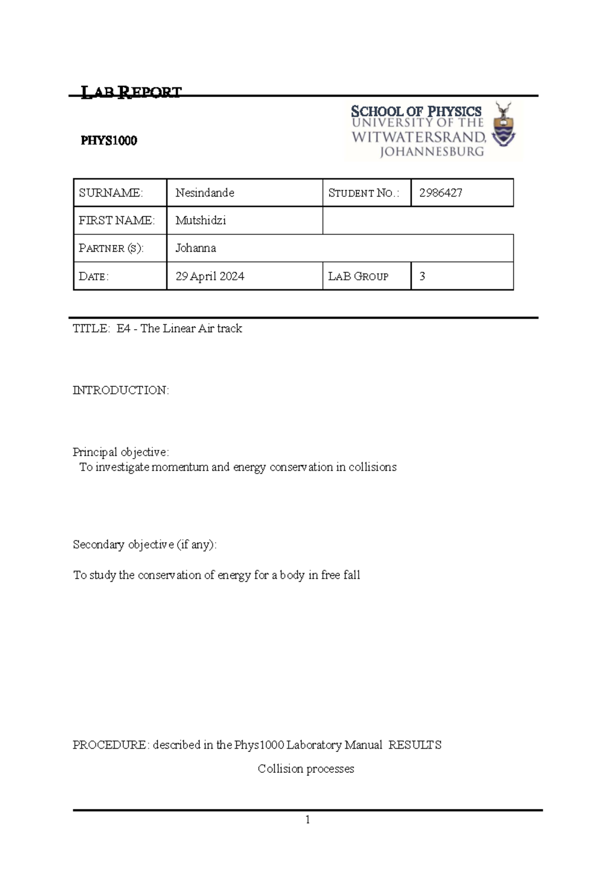 EXP04 - Linear Air Track Lab Report on Momentum & Energy Conservation ...