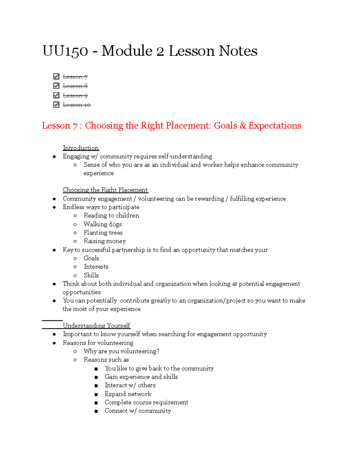 UU150 - Module 2 Lesson Notes - UU150 - Module 2 Lesson Notes Lesson 7 ...