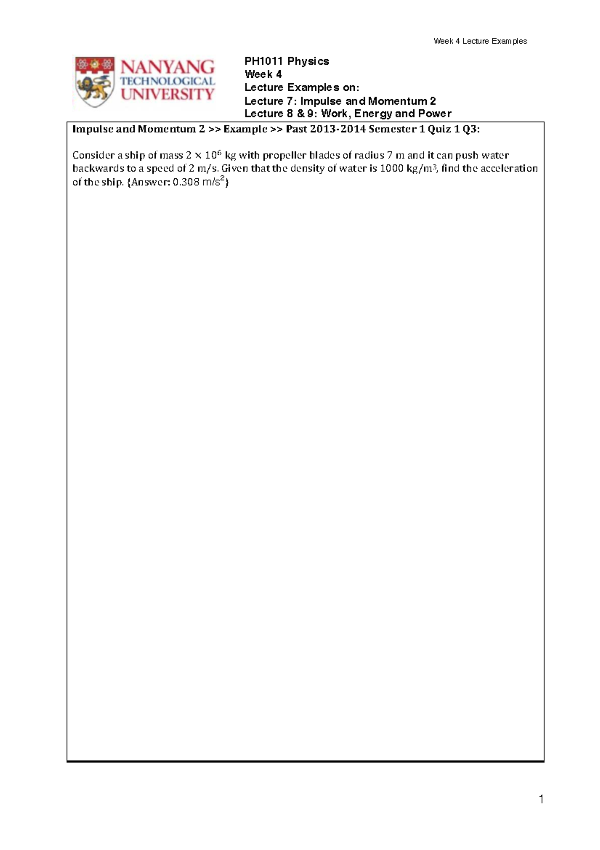 PH1011 Week 4 Lecture Examples: Impulse, Momentum, Work, Energy - Studocu