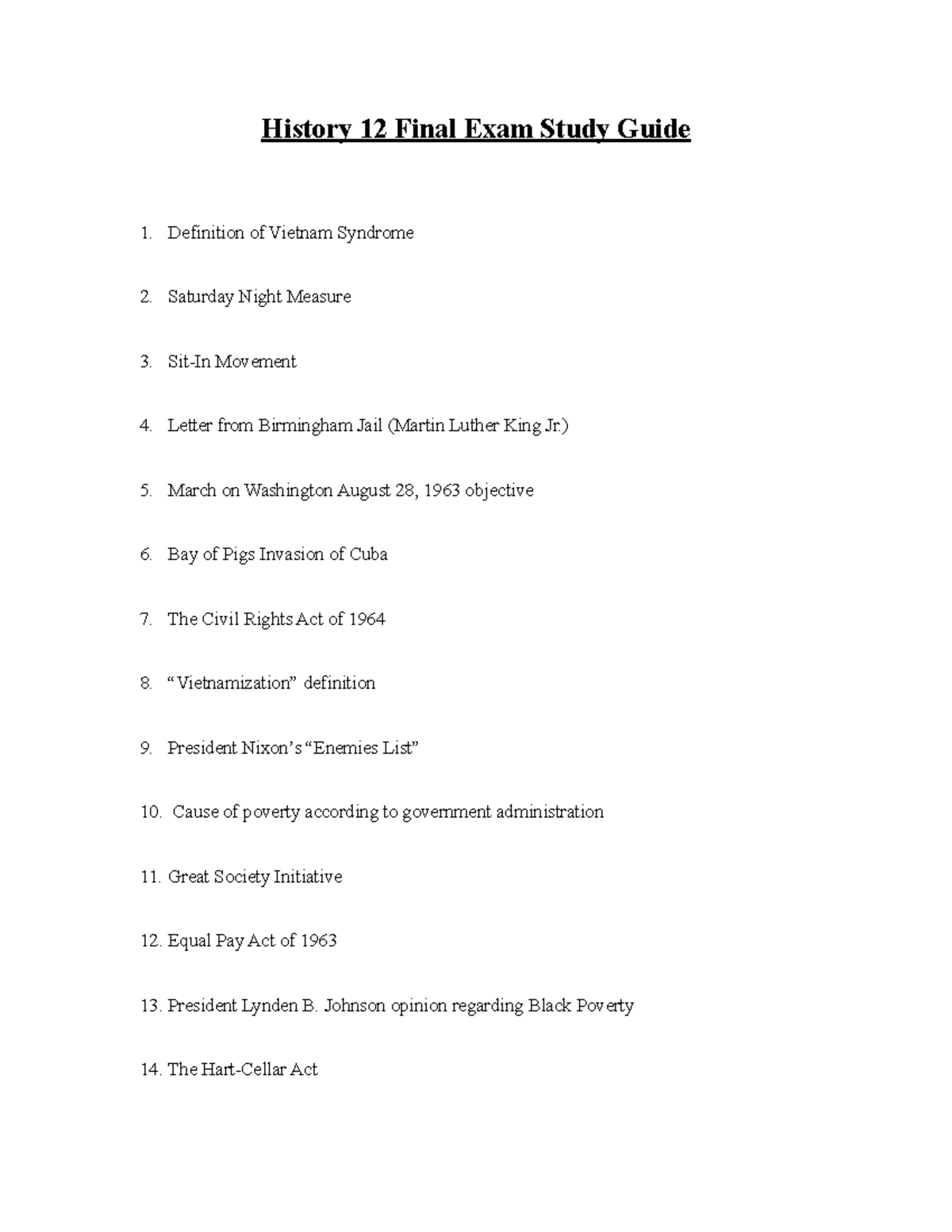 History 12 Final Exam Study Guide: Key Events and Concepts - History 12 ...