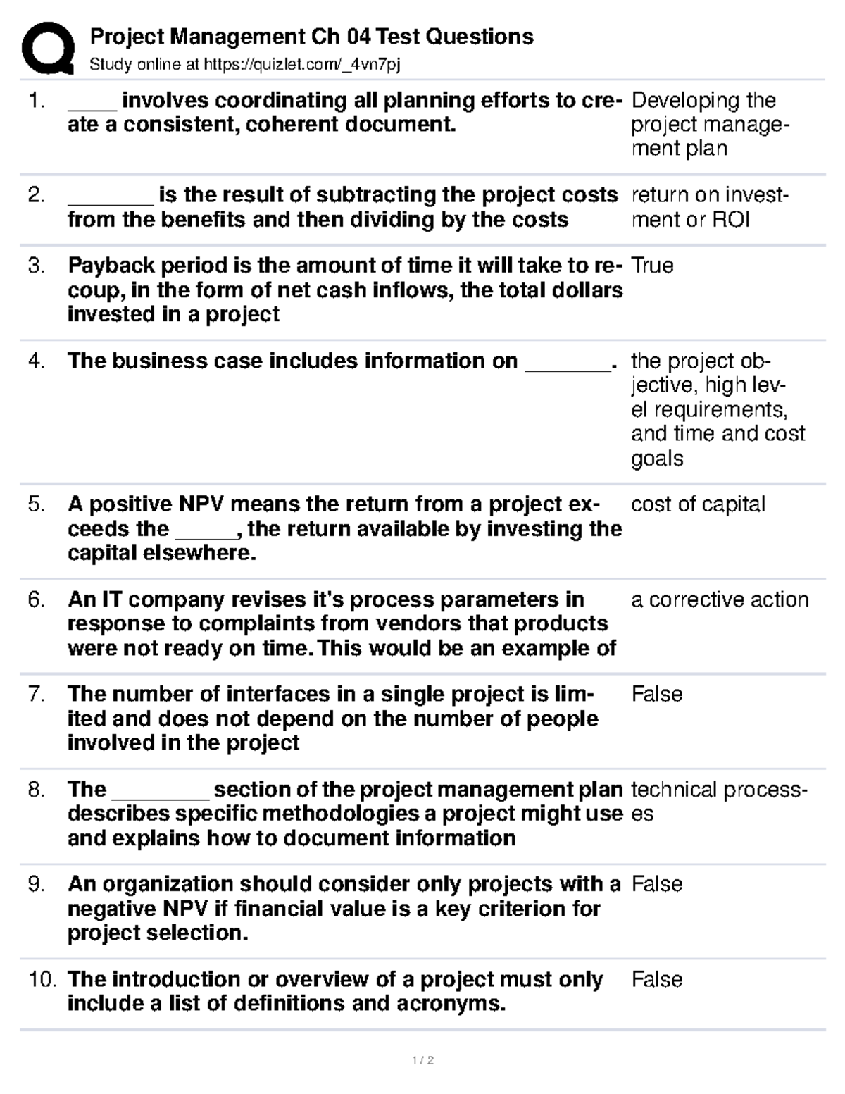 Ch 4 - practice quiz - Project Management Ch 04 Test Questions Study ...