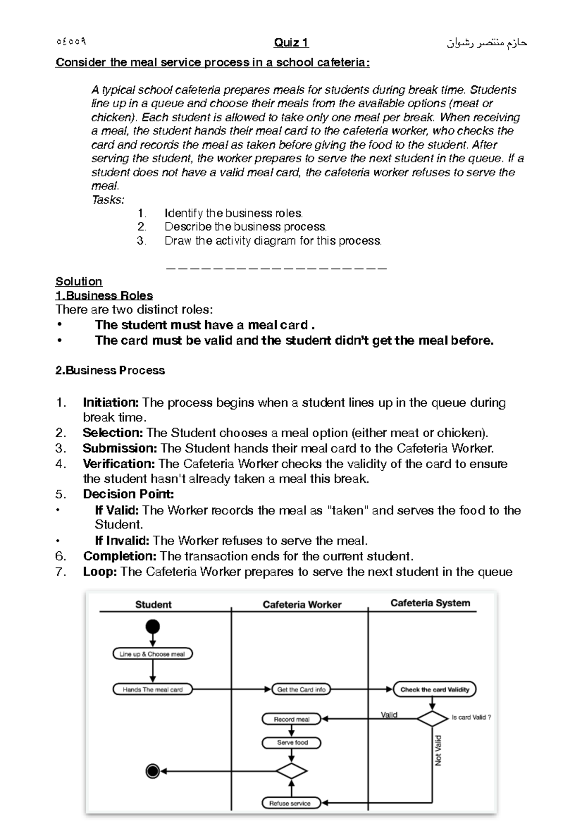 Quiz 1 ٥٤٥٥٩: School Cafeteria Meal Service Process Analysis - Studocu
