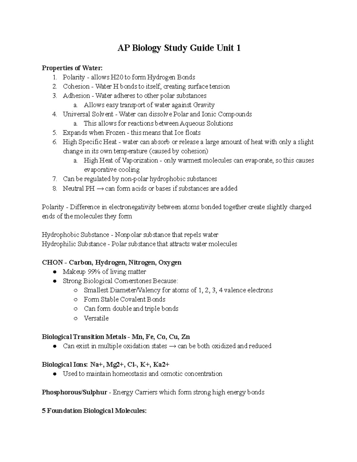 AP Biology Study Guide Unit 1 - Polarity - allows H20 to form Hydrogen ...
