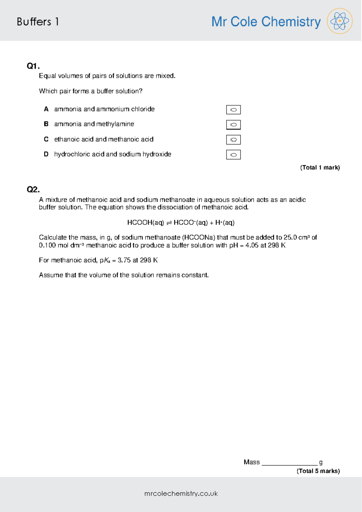 Buffers Question Pack 1: Understanding Acid-Base Solutions and ...