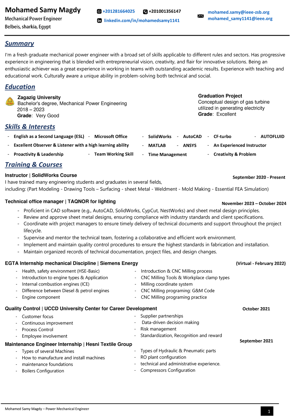 Mohamed Samy Magdy - Mechanical Power Engineer Resume - Studocu