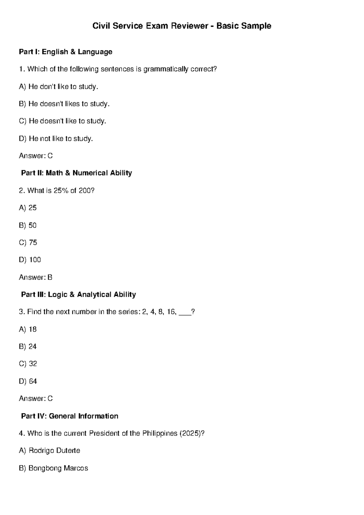CSE Reviewer Sample: Civil Service Exam Basics Part I - Studocu