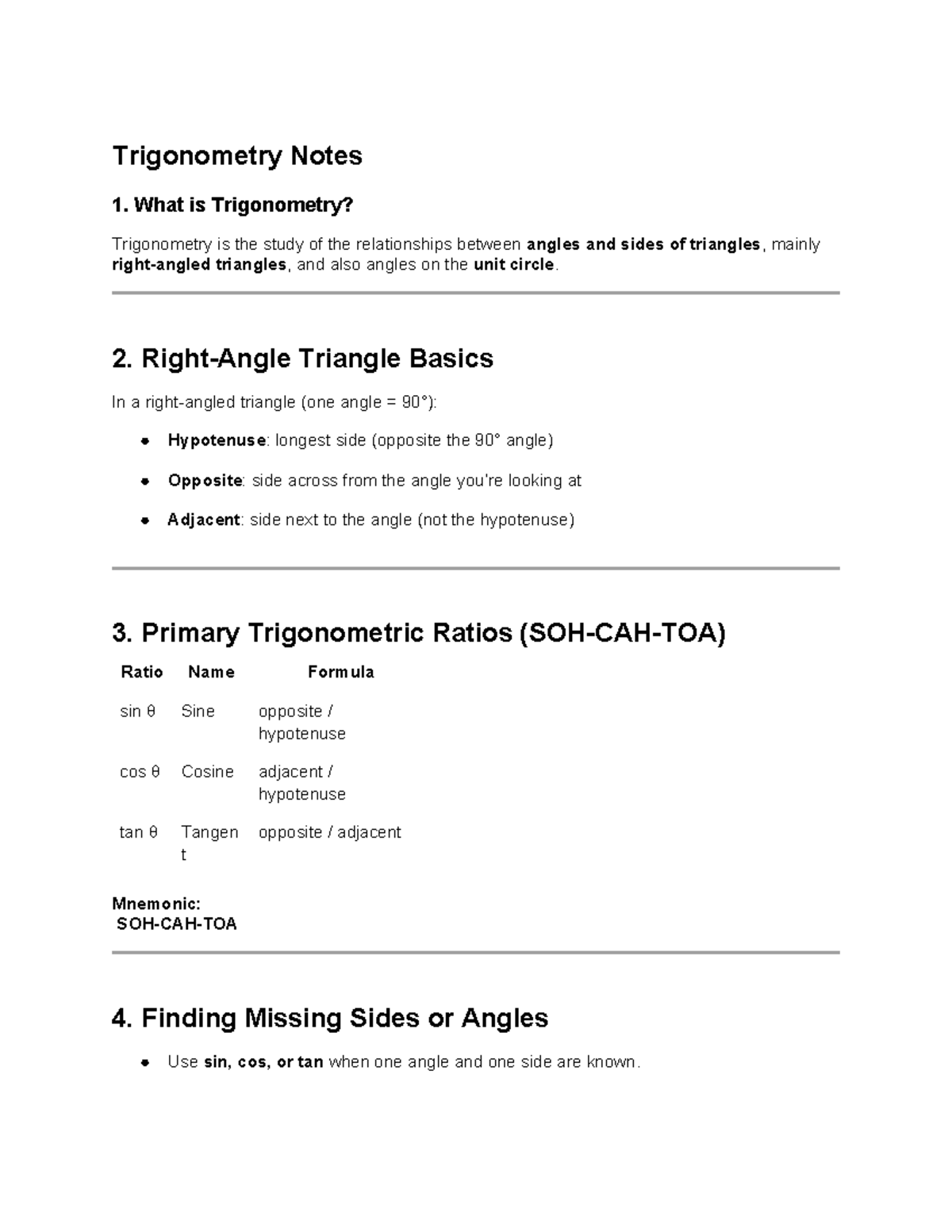 Trigonometry Notes (MATH 101): Key Concepts & Formulas - Studocu