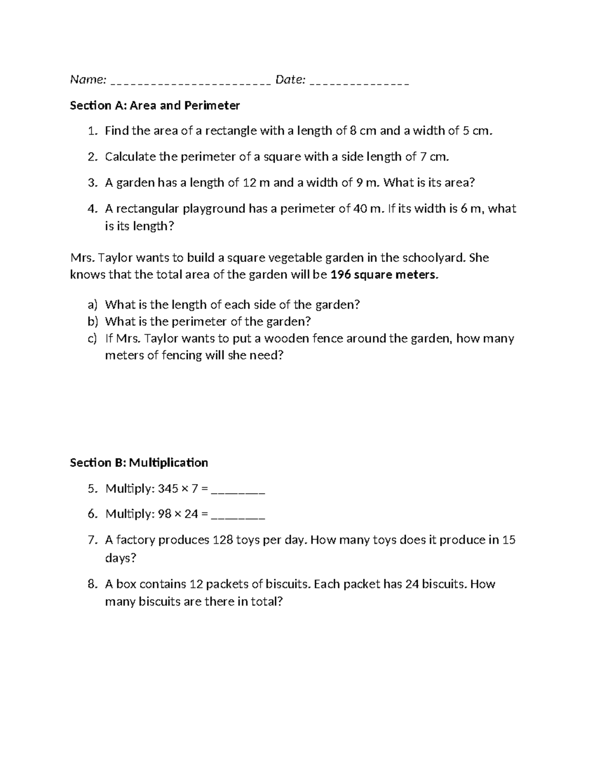 Math Work: Area, Perimeter & Multiplication Exercises (Feb 4) - Studocu