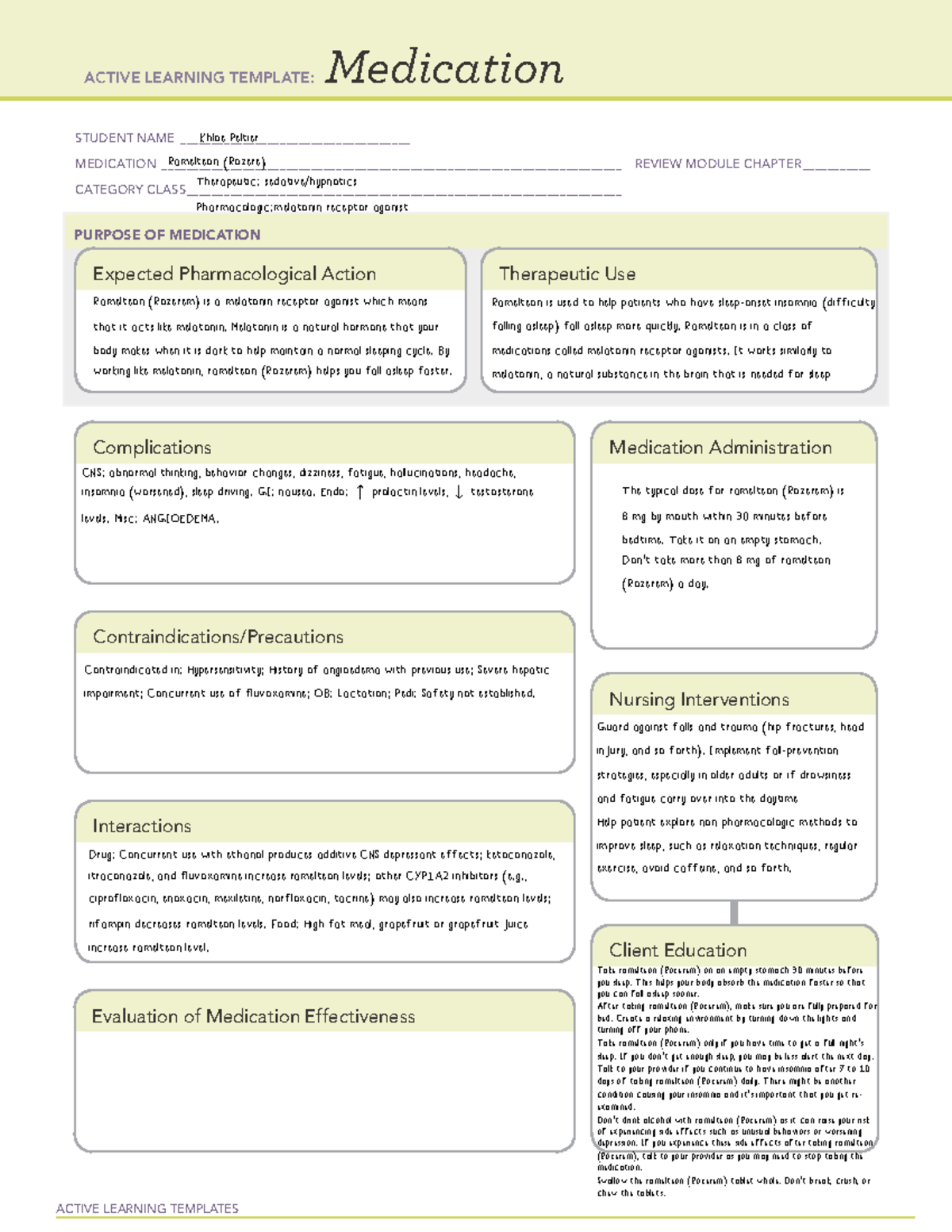 Ramelteon - Medication Card and Active Learning Template - Studocu