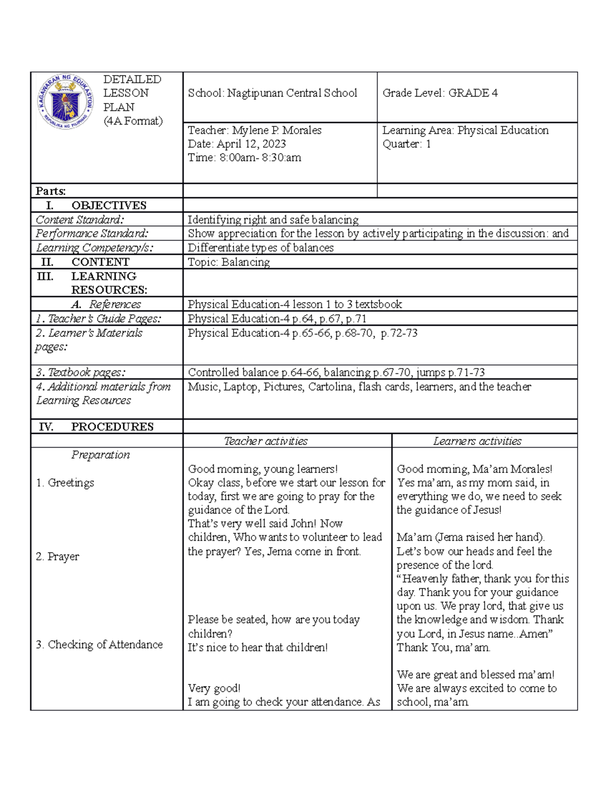 Grade 4 Physical Ed Lesson Plan (4A Format) - Balancing Activities ...