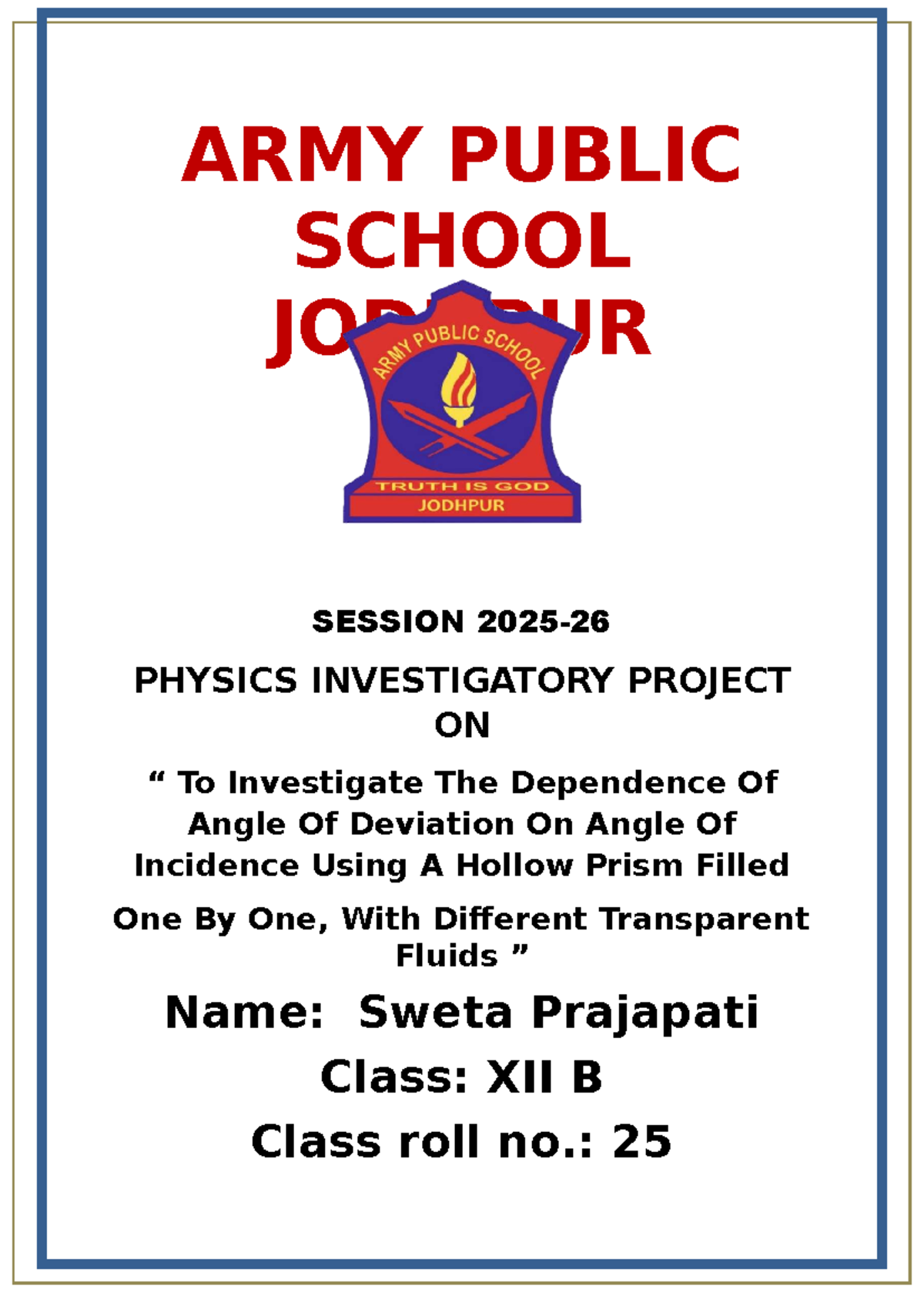 Physics Investigatory Project: Angle Deviation & Incidence (Class XII ...