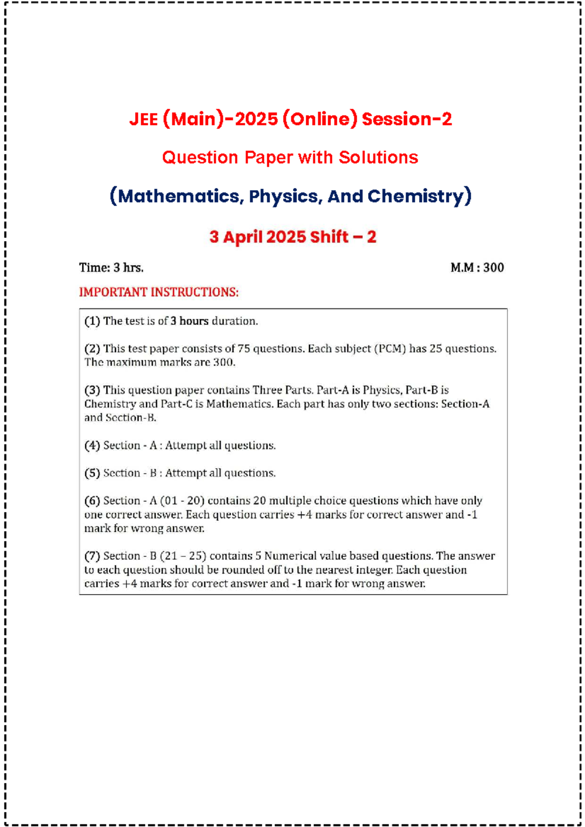 JEE Mains Question Paper 03 April 2025 Evening Shift – PDF with ...