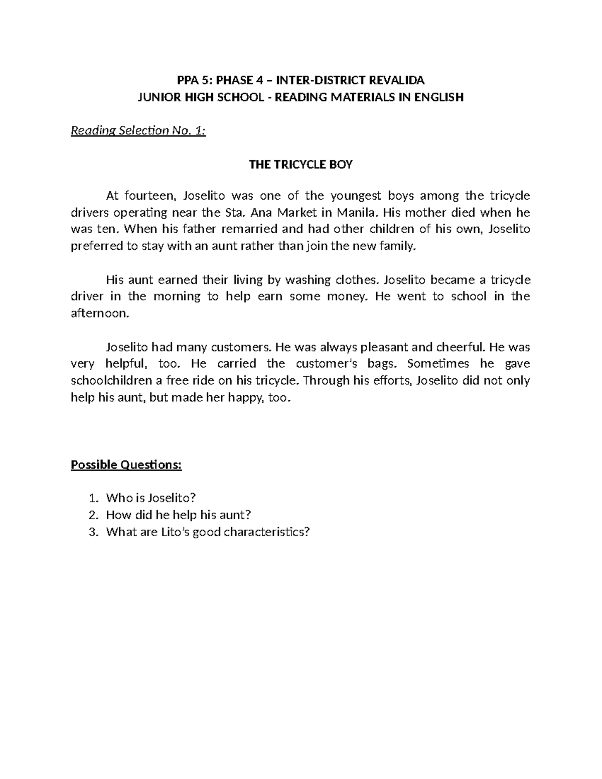 PPA 5 JHS English Reading Materials: Selections & Questions Guide - Studocu