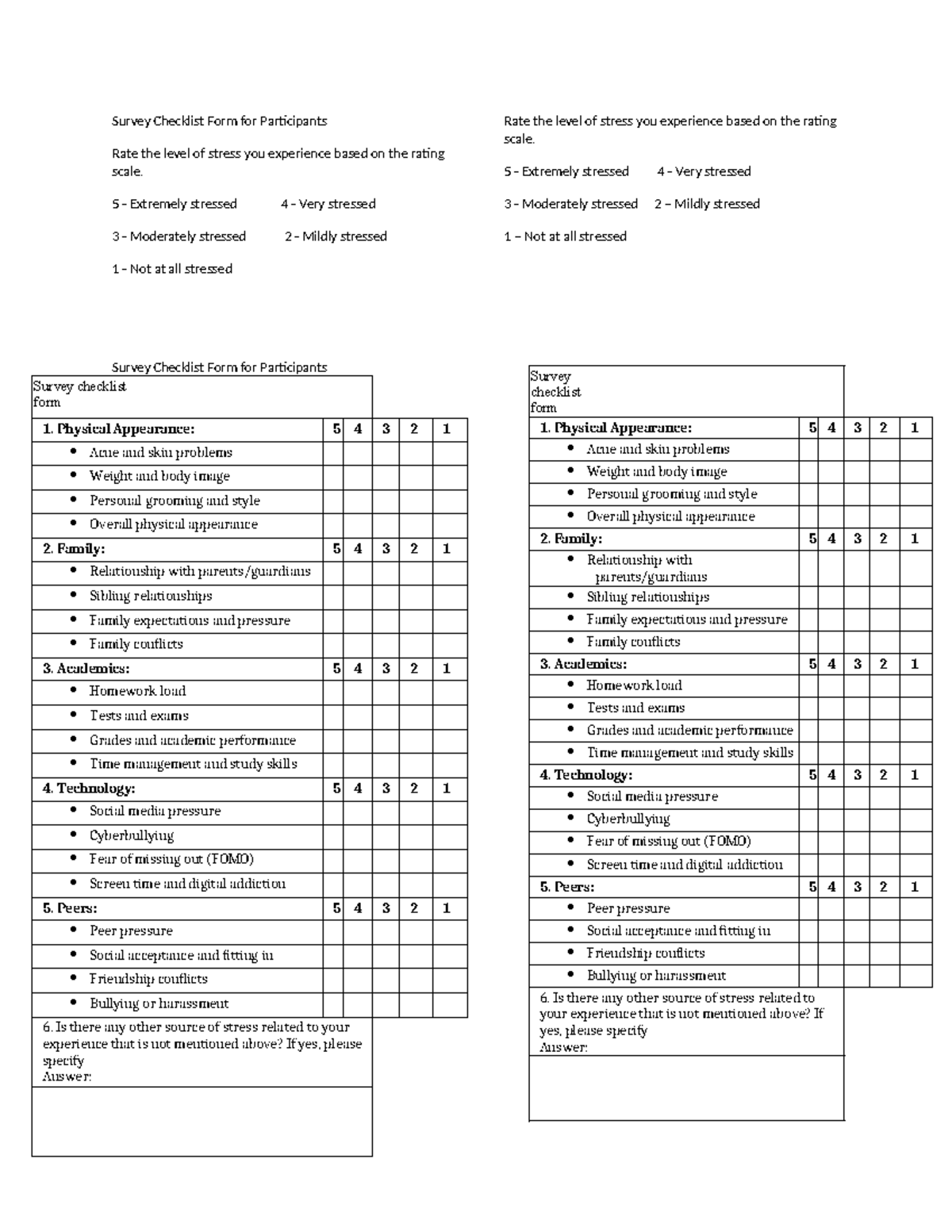 Survey Checklist Form: Participant Stress Assessment - Studocu