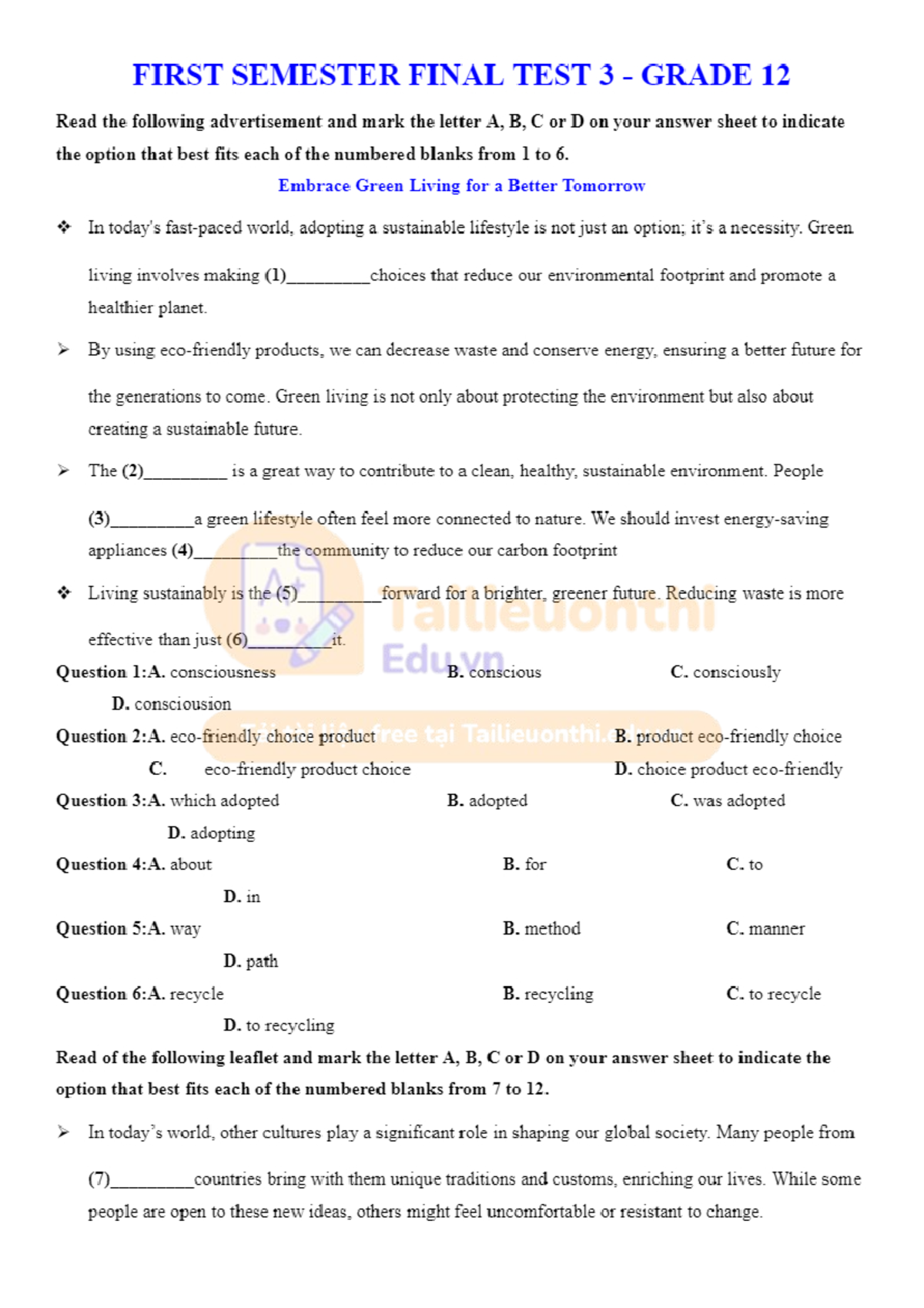 First Semester Final Exam TEST 3 - Grade 12 - Green Living ...