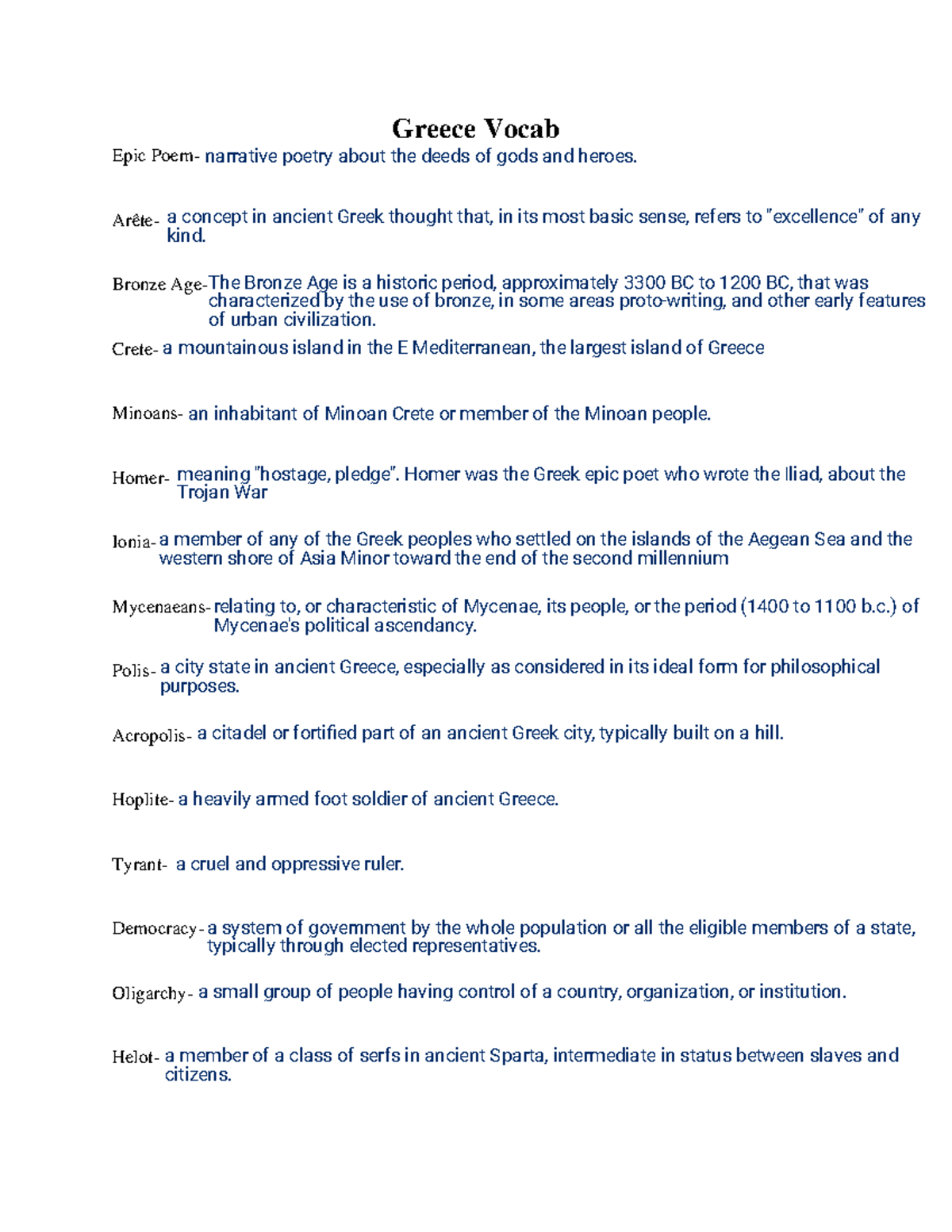 Greece Vocabulary: Key Terms for Ancient History Study Guide - Studocu