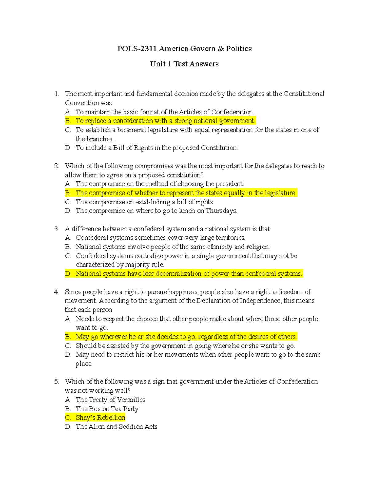 POLS-2311 Unit 1 Test Answers and Key Concepts Review - Studocu