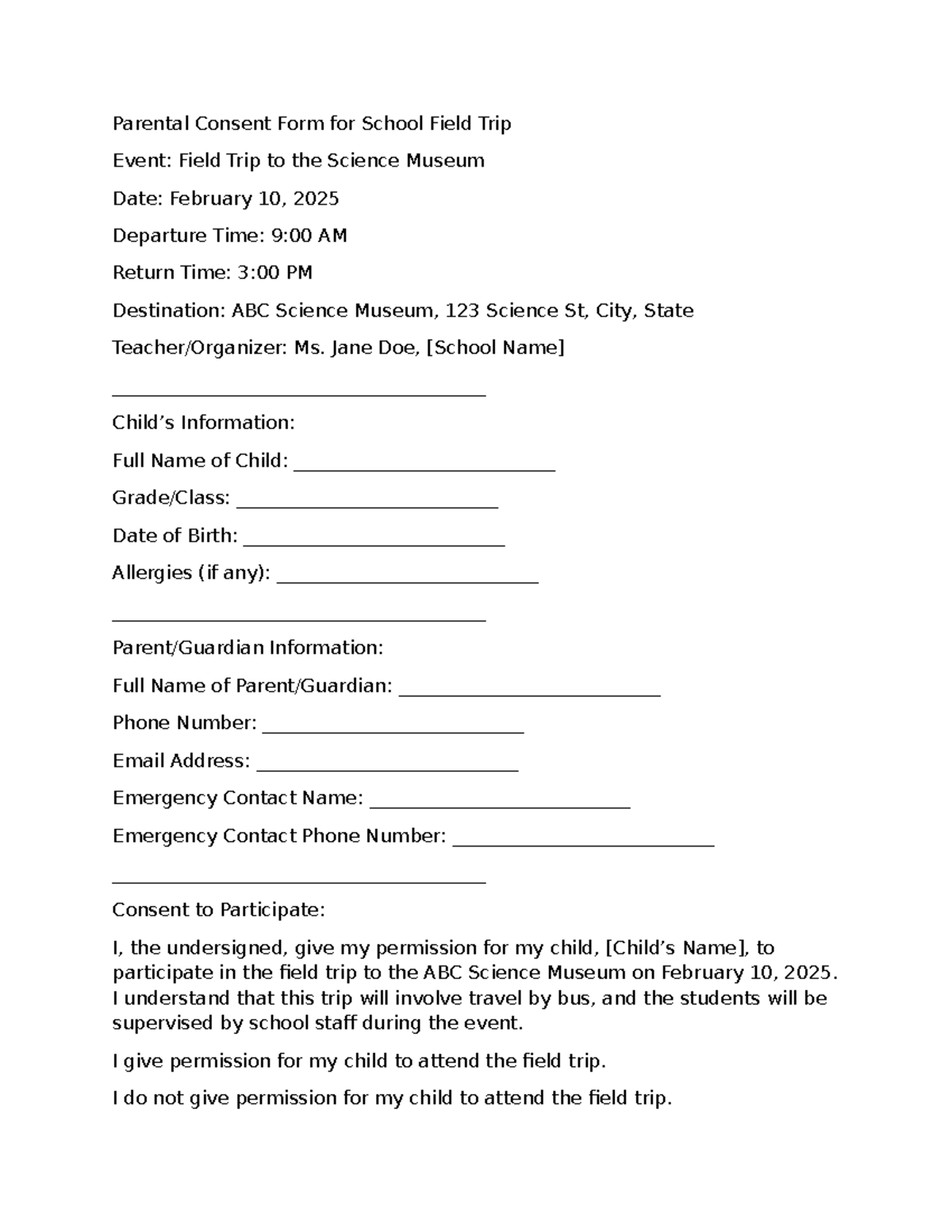 Field Trip Consent Form: ABC Science Museum - Feb 10, 2025 - Studocu