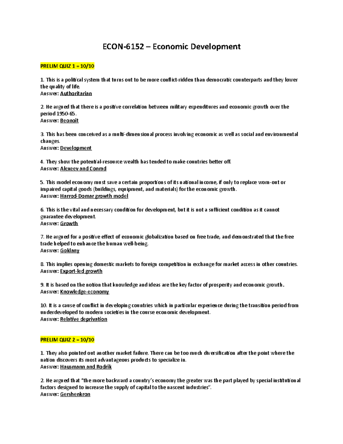 ECON-6152 - Economic Development Preliminary Quizzes and Exam Notes ...