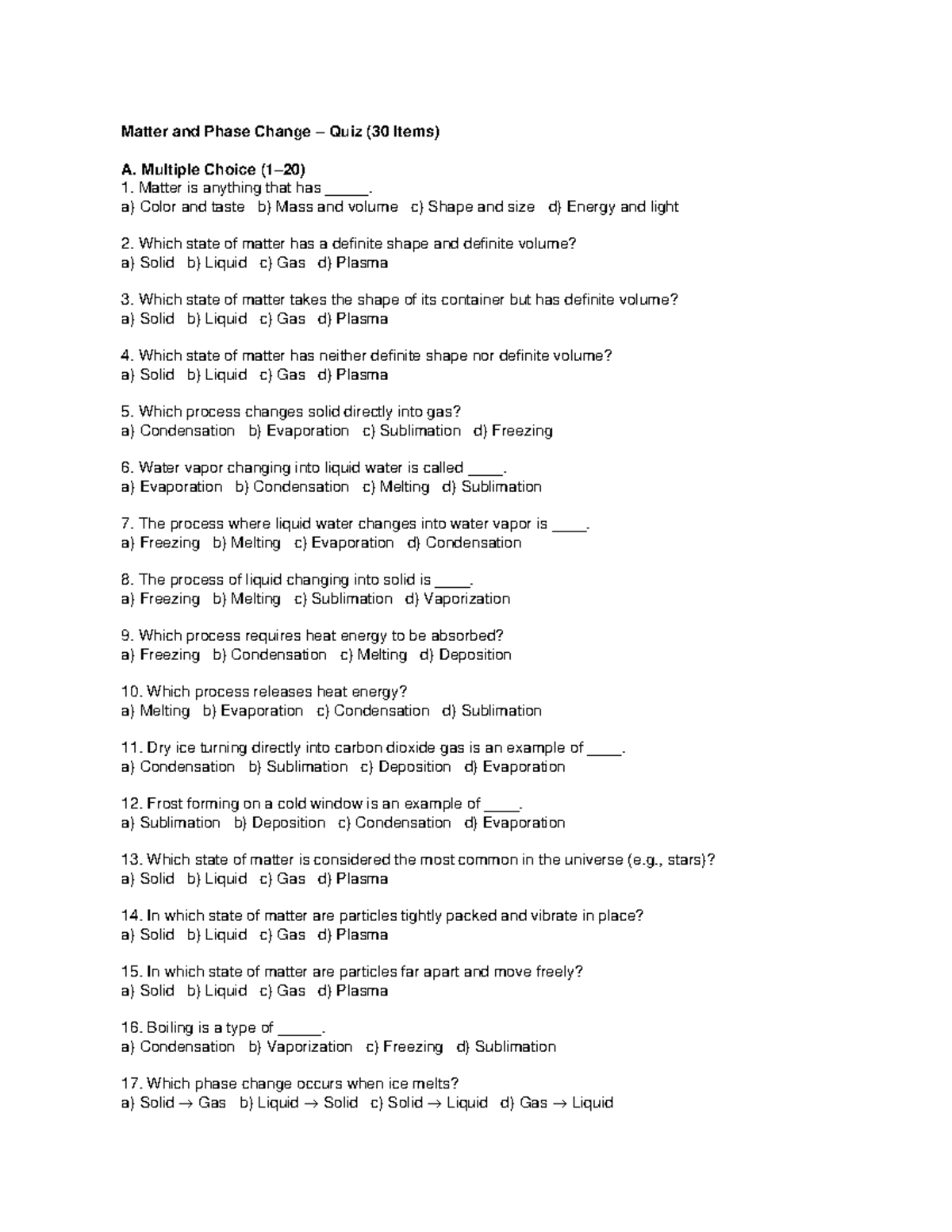 Matter and Phase Change Quiz (30 MCQs) - Studocu