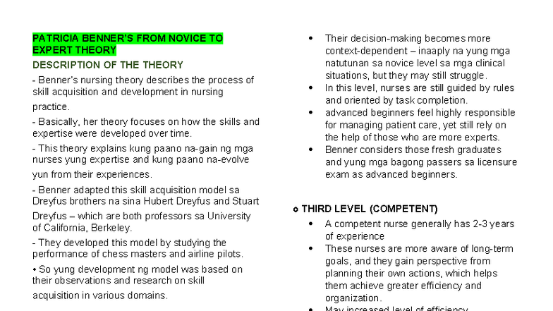 NURS 101: Benner's Novice to Expert Theory Overview and Analysis - Studocu