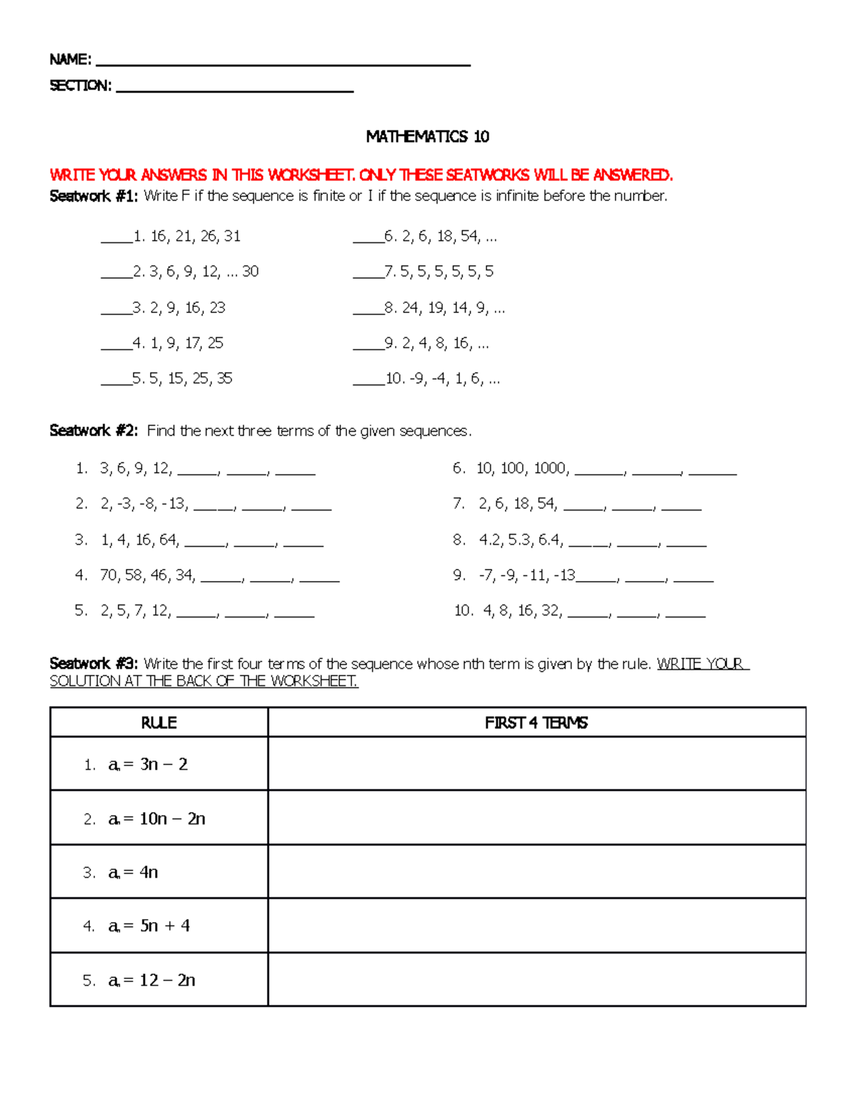 Math 10 Seatwork: Generating Patterns and Sequences - Studocu