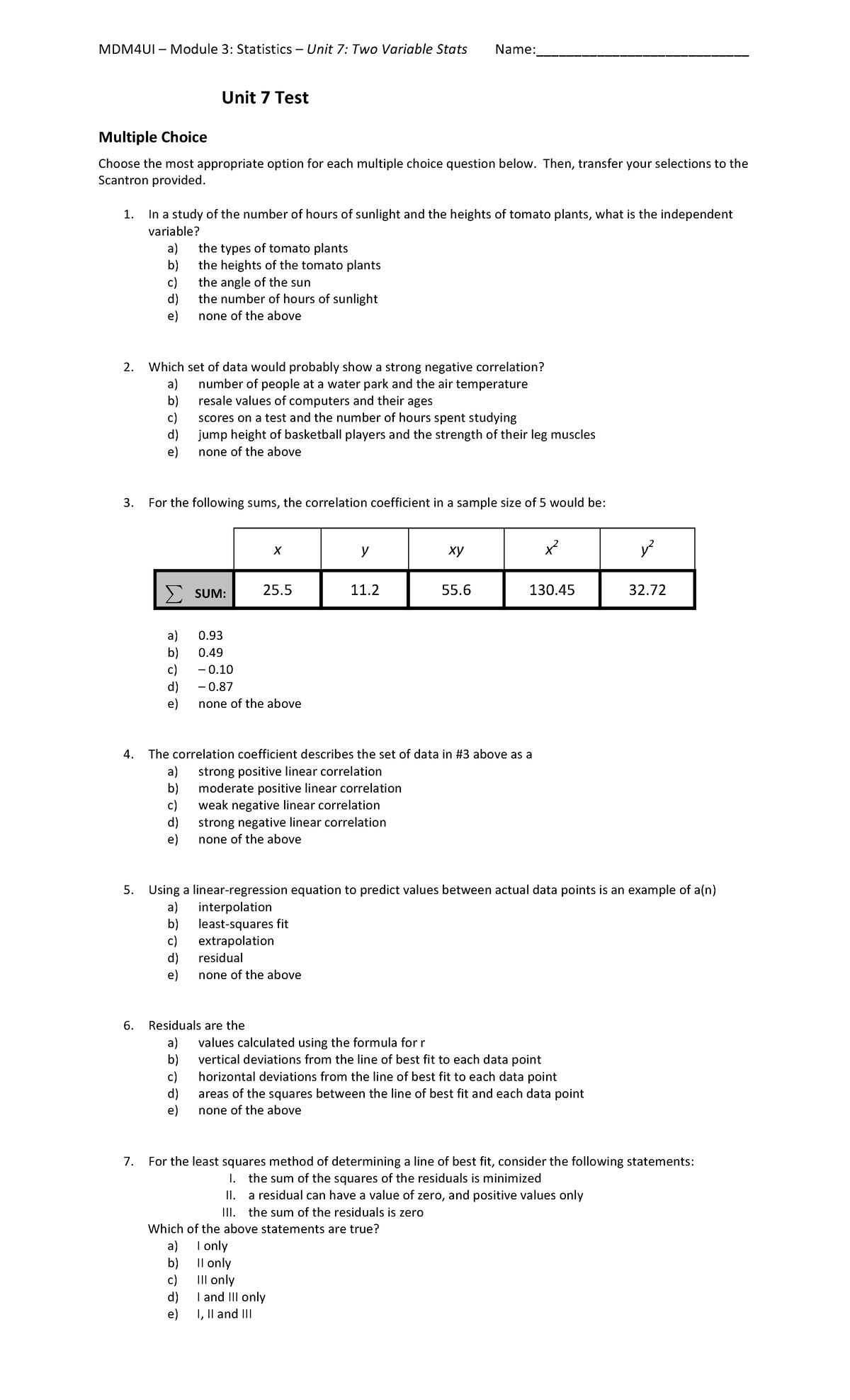 MDM4UI - Unit 7 Test: Two Variable Statistics - Multiple Choice ...
