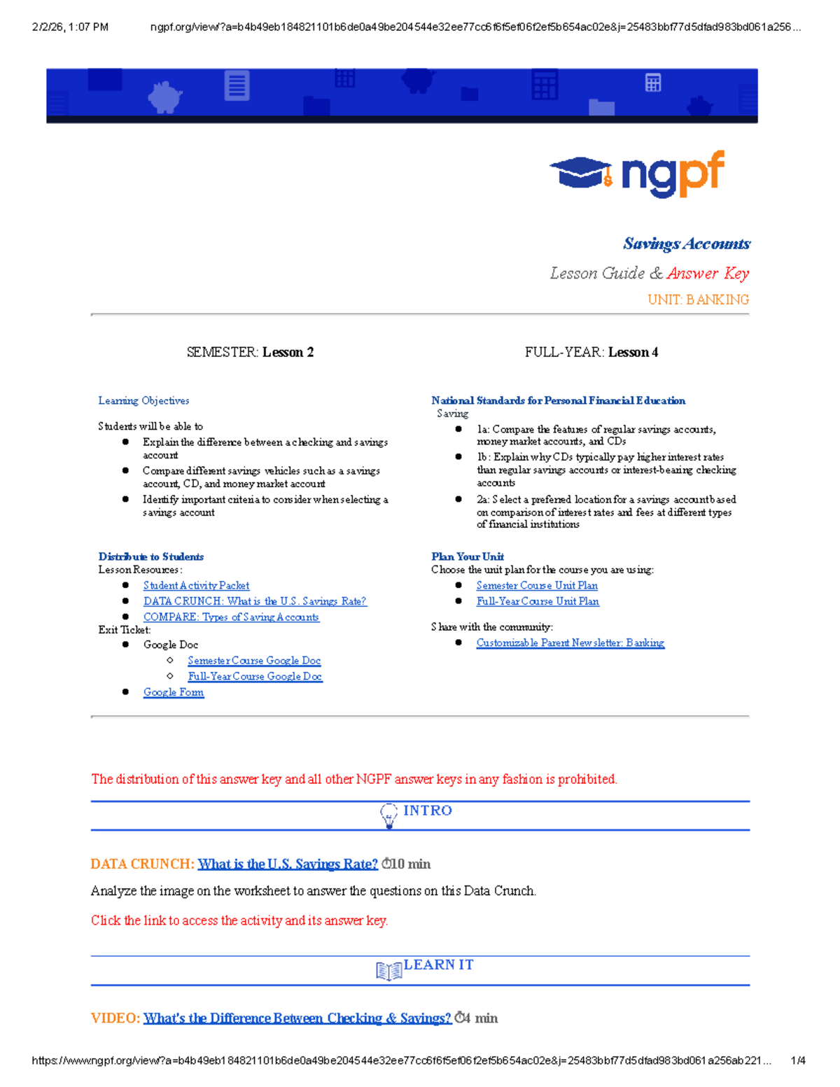 Savings Accounts Lesson 2 Answer Key (NGPF) - Banking Unit - Studocu