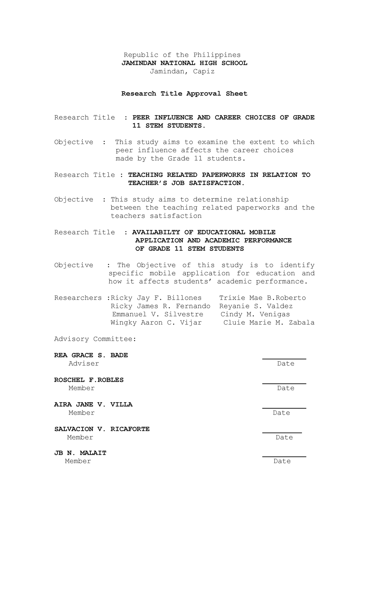 Research Title Approval Sheets for Grade 11 STEM Studies - Studocu