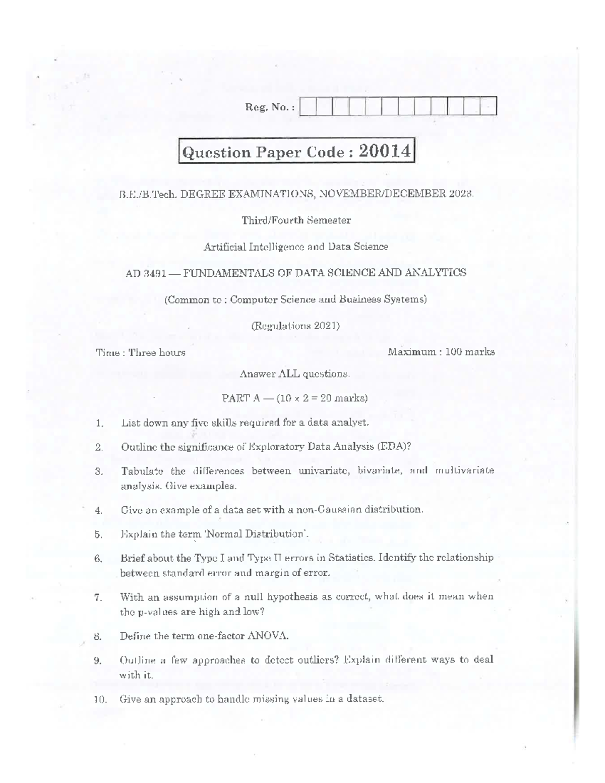 AD3491 Fundamentals of Data Science & Analytics Exam Nov-Dec 2023 - Studocu