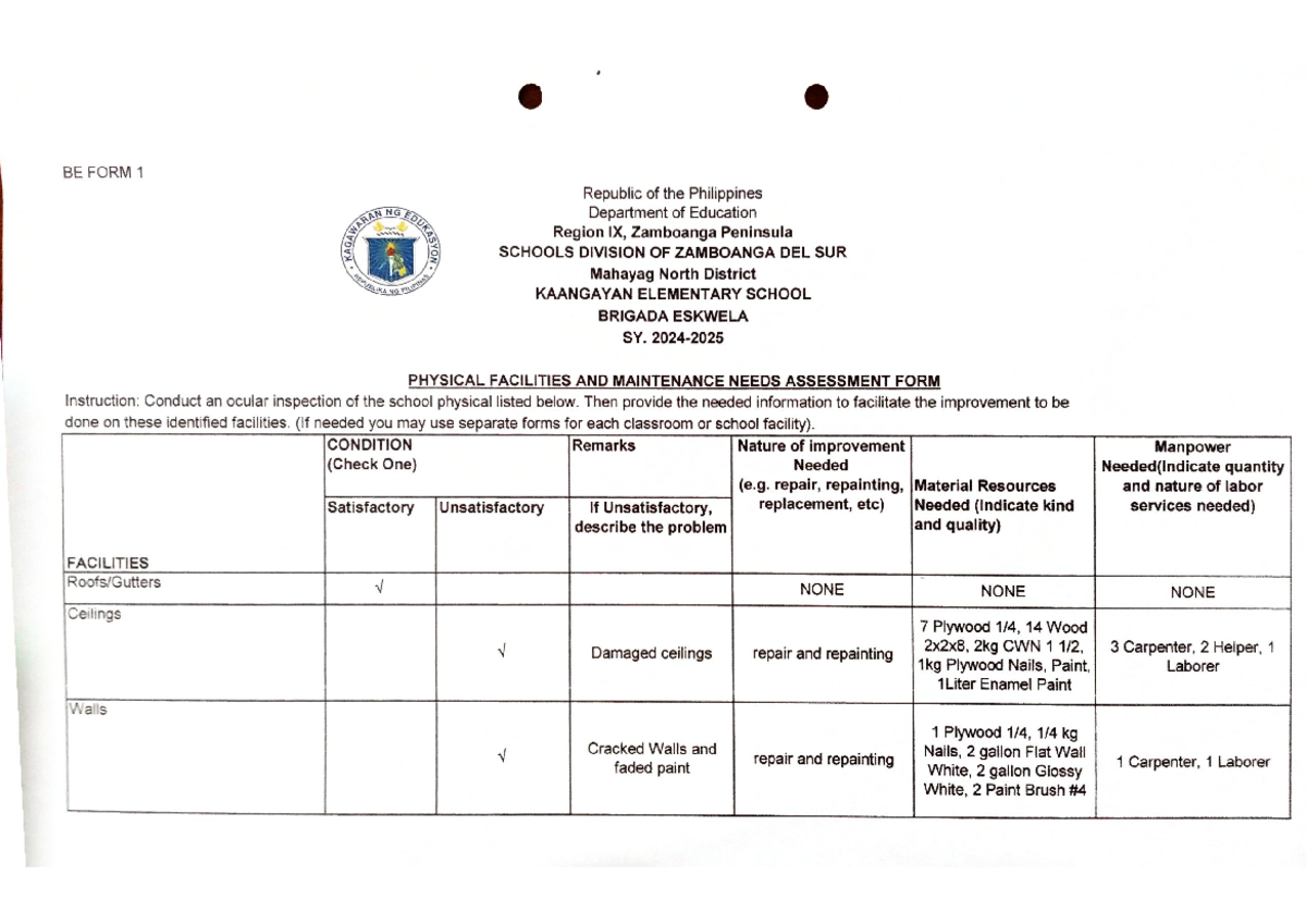 KES BE FORM-1 - Brigada Eskwela Form 1 - BE FORM 1 Republic of the ...