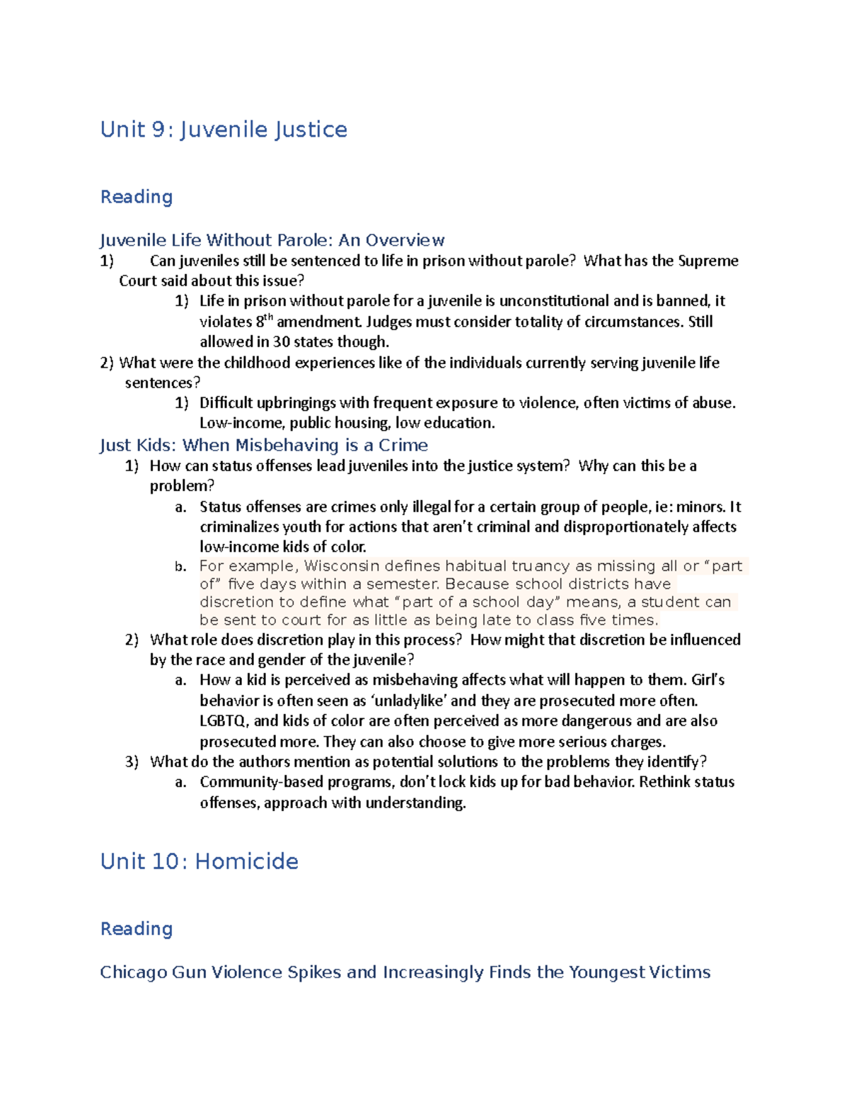 Study Guide for Exam #3: CLJ - Juvenile Justice & Homicide - Studocu